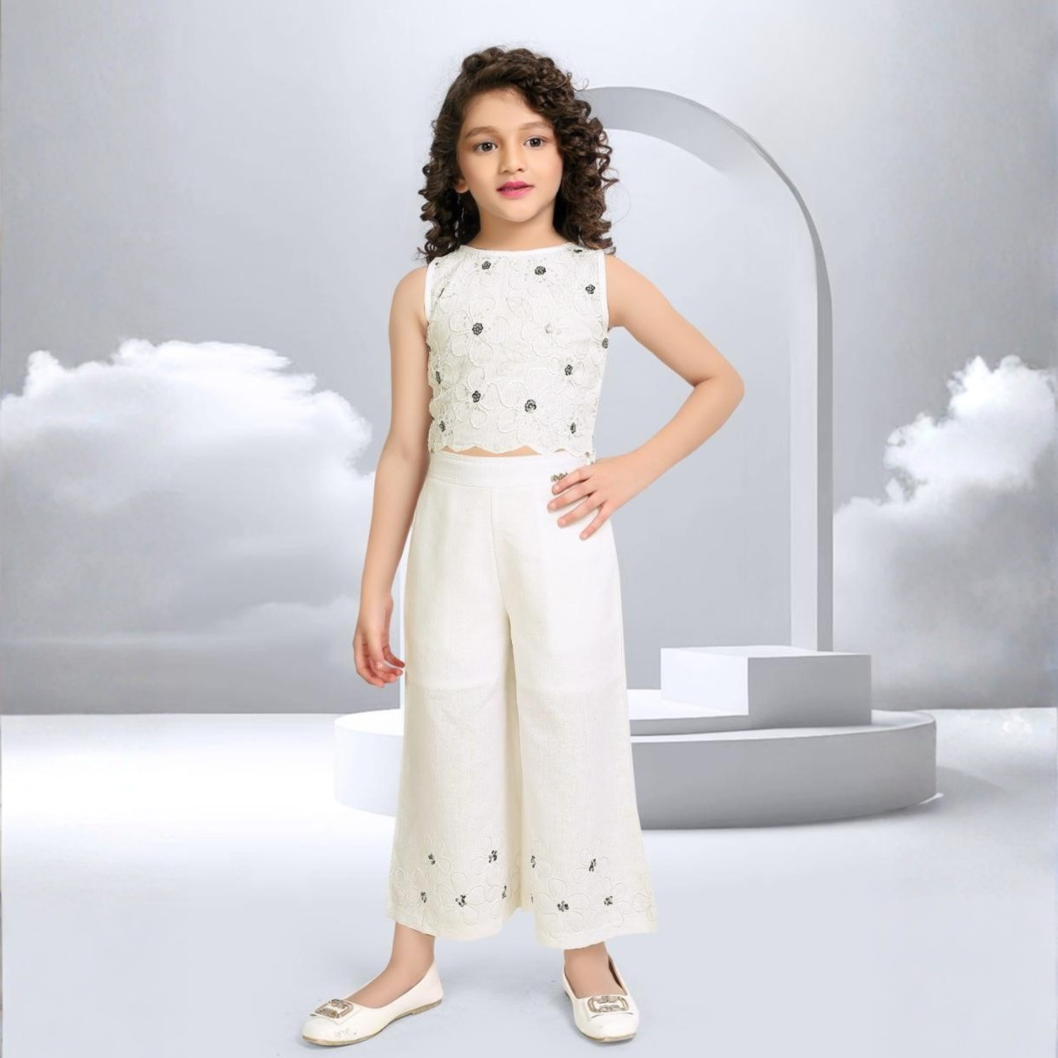 Air Girl Cream Embroidered Crop Top & Palazzo Set (4–12Y) – SMILE BABY